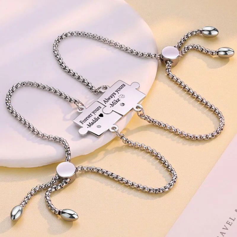 Puzzle Matching Couple Bracelets With Birthstone And Engraving Ifshe Uk