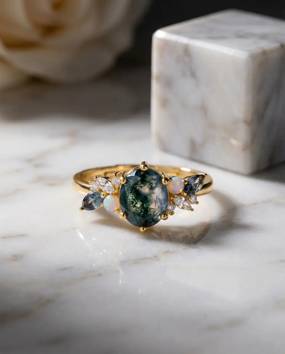 Moss Agate and Opal Ring | Gold Adjustable Cluster | IfShe UK