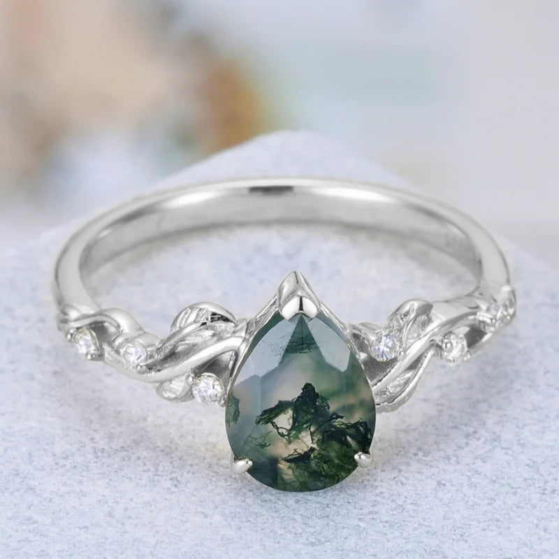 Green Moss Agate Ring Pear Shaped Sterling Silver – IfShe UK