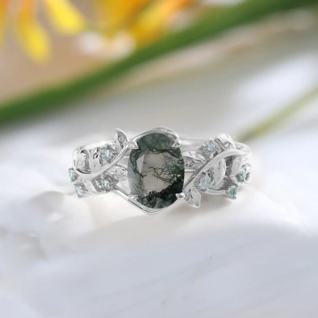 Moss Agate Engagement Ring Set Oval Cut 18K Gold – IfShe UK