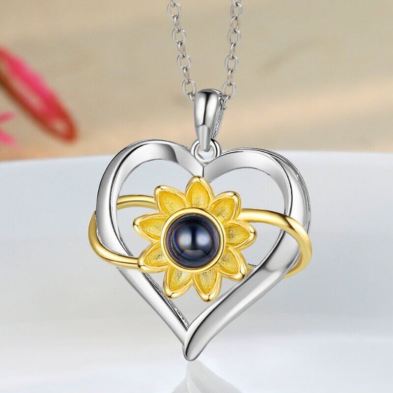 Personalised Sunflower Heart Photo Projection Necklace IfShe UK